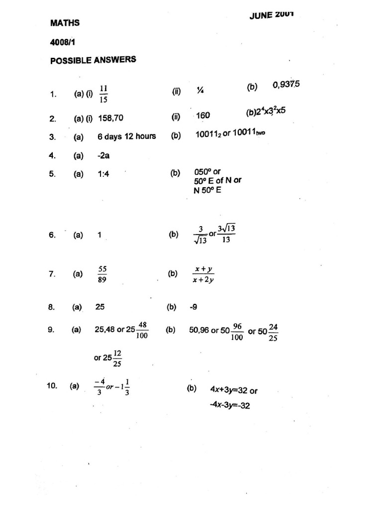 O-Levels Mathematics 2001 Answers | PDF