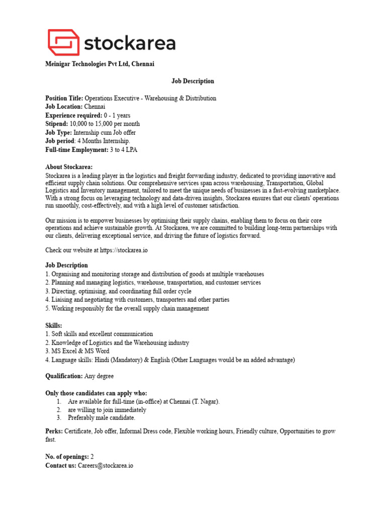 Warehouse Operations - Job Description (Stockarea) | PDF