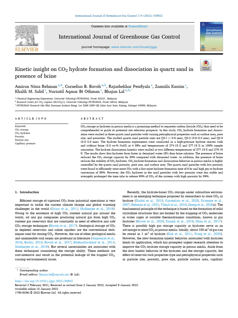 Kinetic Insight On CO2 Hydrate Formation and Dissociation in Quartz ...