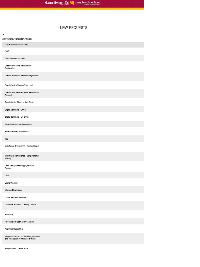 Banking Service Request Options | PDF
