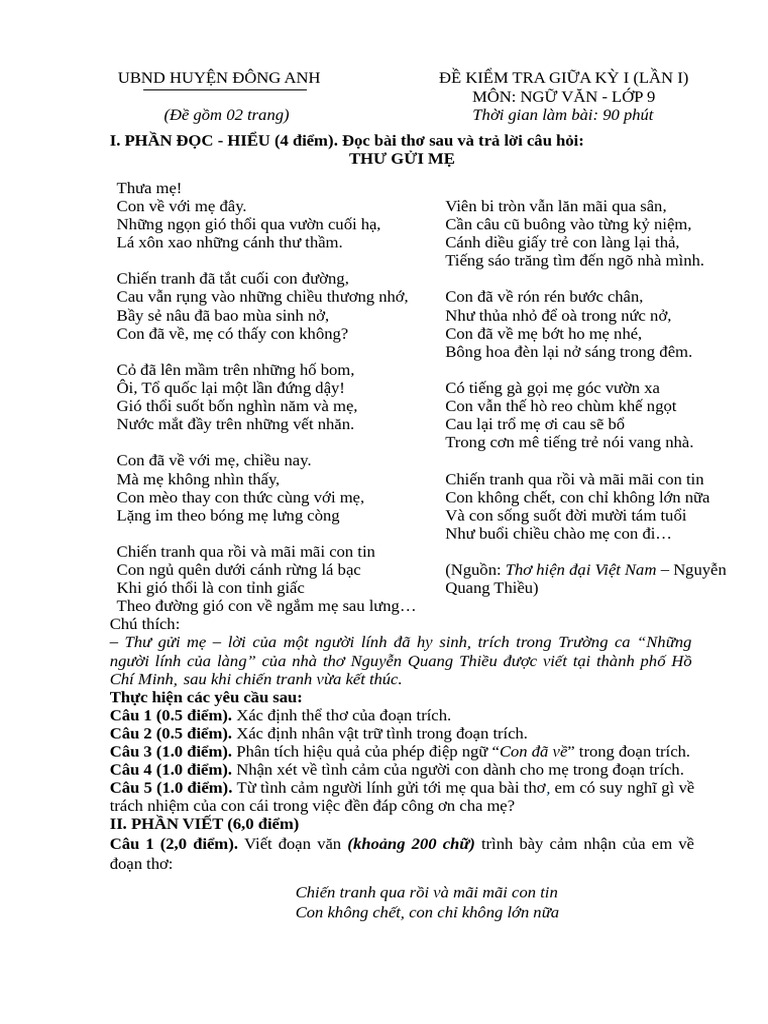 Huế - Văn 9 Gki Lần 1 | PDF