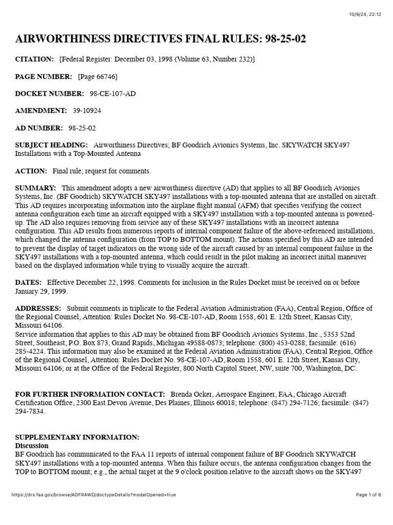 Airworthiness Directives Final Rules: 98-25-02 | PDF | Federal Aviation ...
