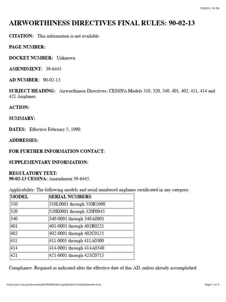 Airworthiness Directives Final Rules: 90-02-13 | PDF | Federal Aviation ...