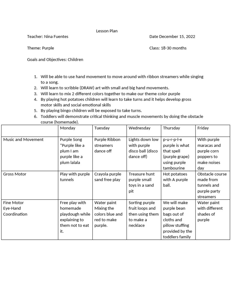Purple-Themed Lesson Plan for Toddlers | PDF