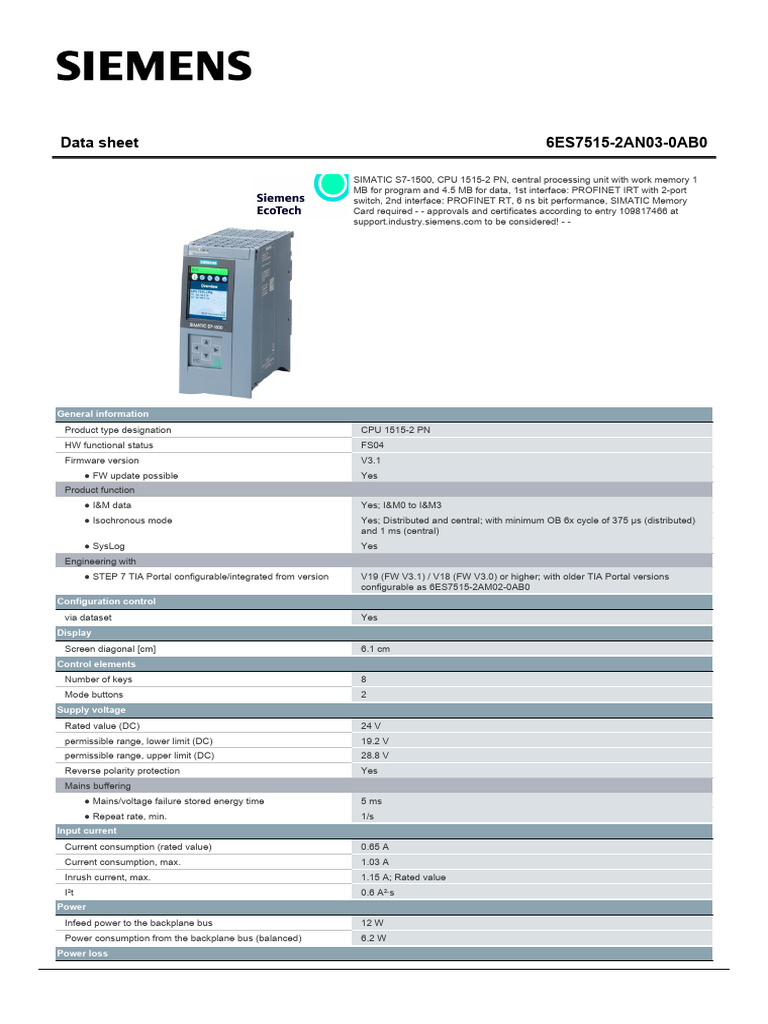 6ES75152AN030AB0 Datasheet en | PDF | Computing | Computer Engineering