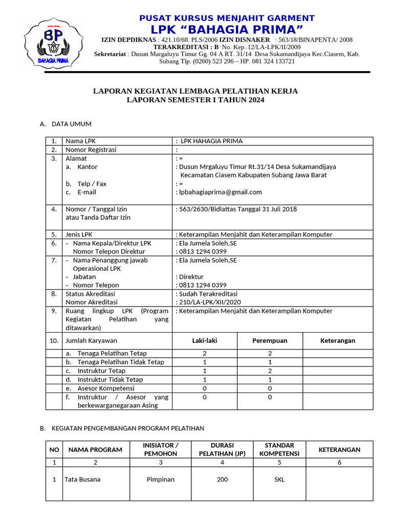 Format Laporan Semester LPK 2024 | PDF