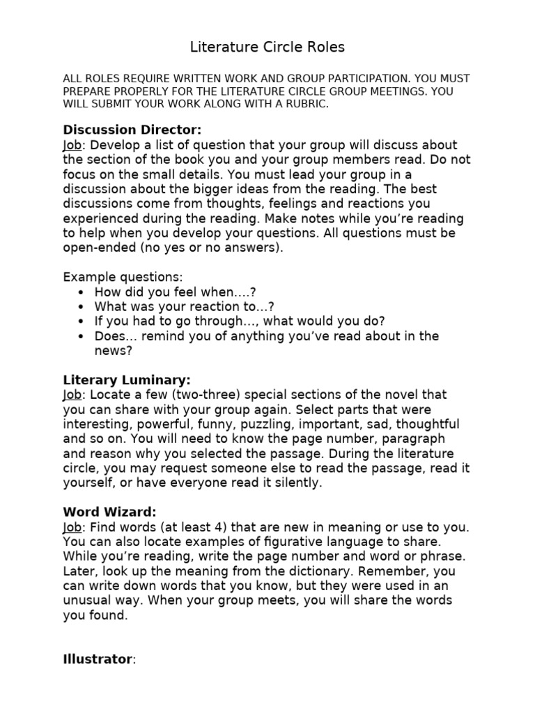 Literature Circle Roles | PDF | Books