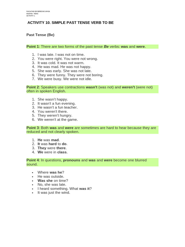 Simple Past Tense: Verb "To Be" Guide | PDF | Linguistic Typology ...