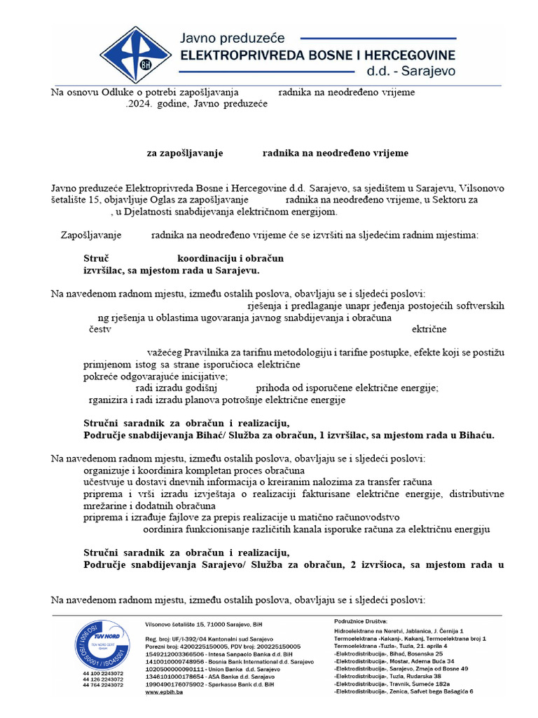 Oglas Za Zaposljavanje Radnika Na Neodredjeno Vrijeme - Djelatnost Snabdijevanja | PDF