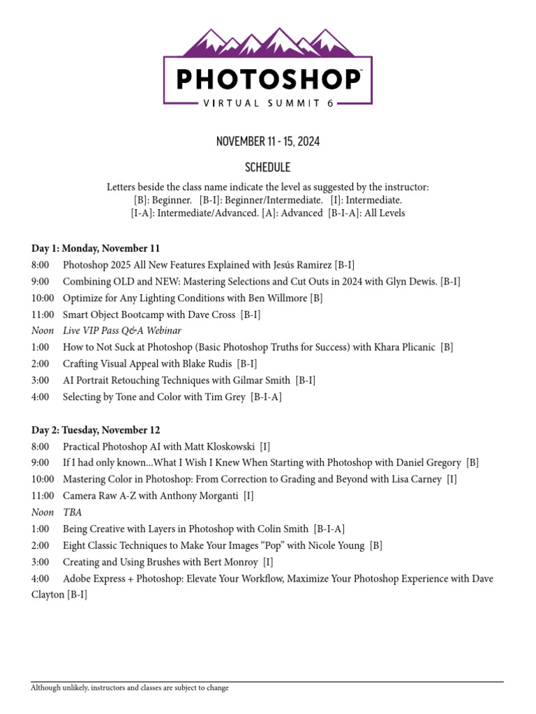 Photoshop Virtual Summit 6-Schedule | PDF | Adobe Photoshop | Image ...