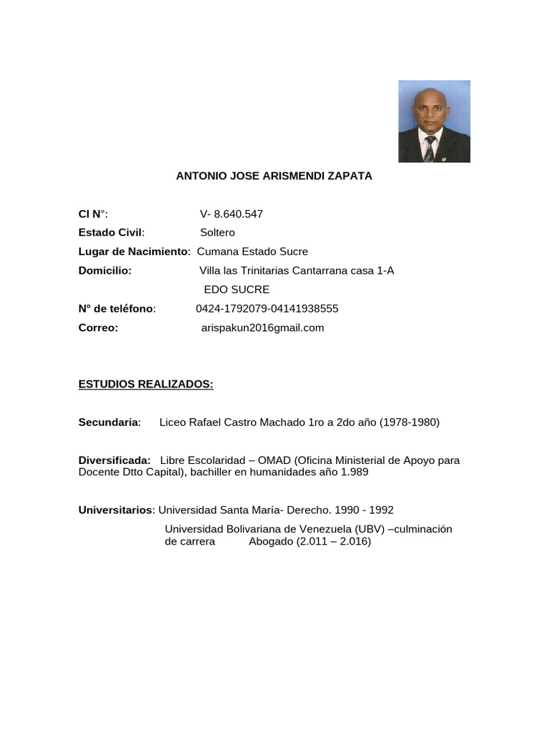 ANTONIO JOSE ARISMENDI ZAPATA Curriculum | PDF | Venezuela