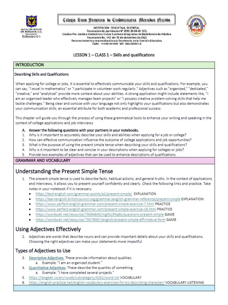 Lesson 1 - Class 1 - Skills and Qualifications | PDF | Adjective ...