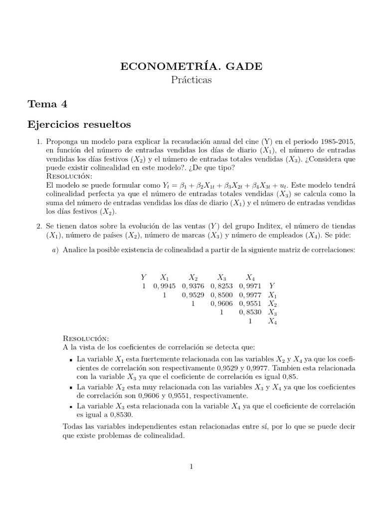 Tema4 Ejerciciosresueltos | PDF | Mínimos cuadrados ordinarios | Multicolinealidad