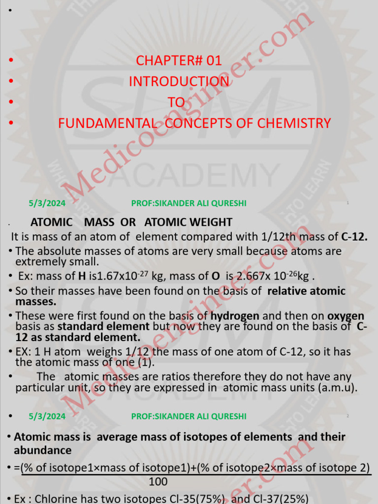 (Medicoengineer - Com) Unit 1 Fundamental Concepts of Chemistry | PDF | Isotope | Stoichiometry