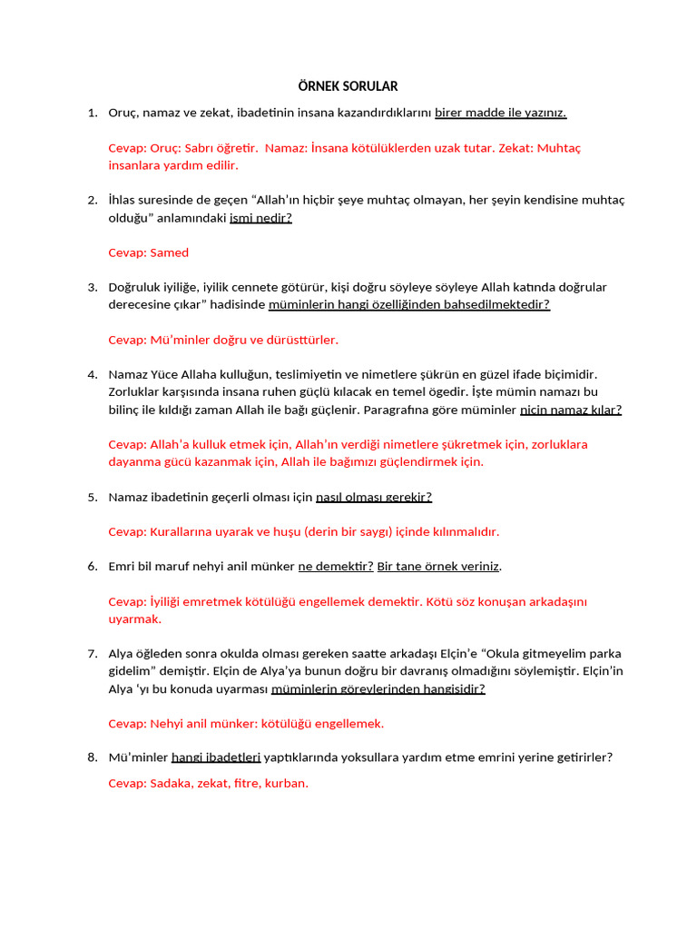 Temel Di̇ni̇ Bi̇lgi̇ler Örnek Sorular | PDF