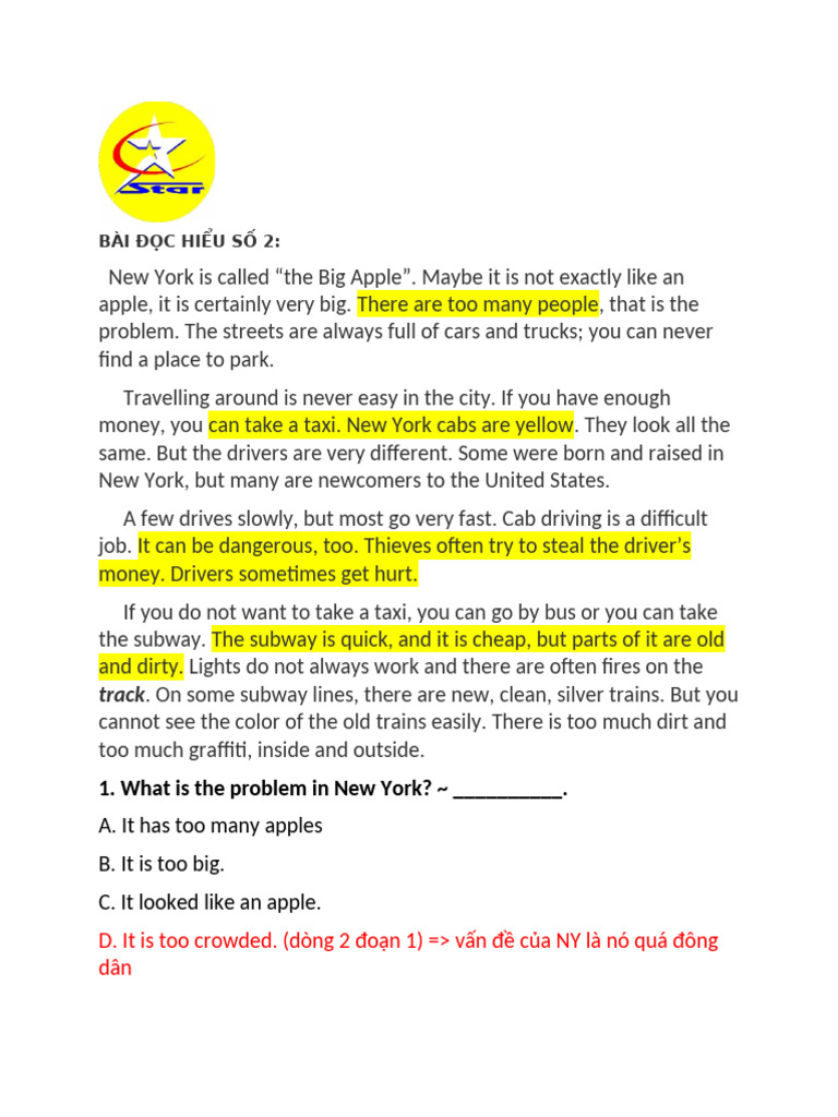 BÀI ĐỌC HIỂU SỐ 2 LỚP SOLU | PDF