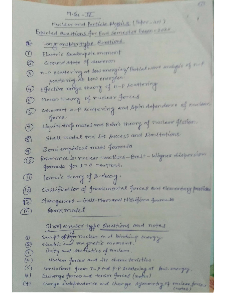 Nuclear Physics, Important Questions For End Semester Exam - 2020, MSC - IV | PDF
