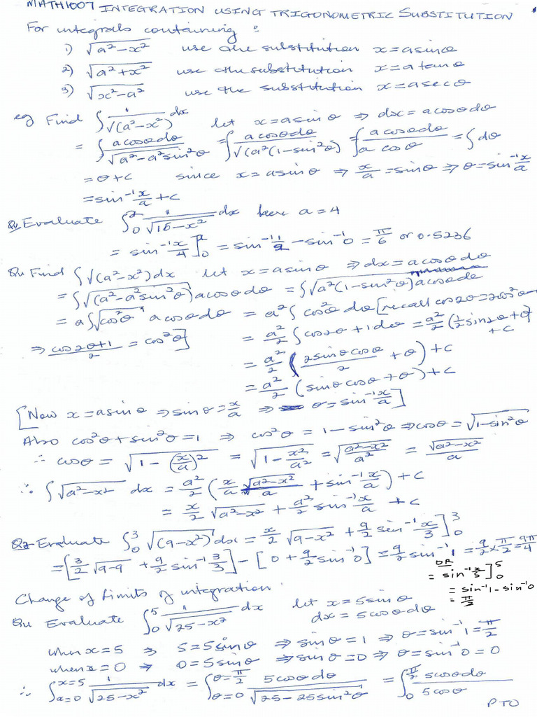 MATH1007 Integral Calculus Module 8 Trig Subs Areas Volumes ...
