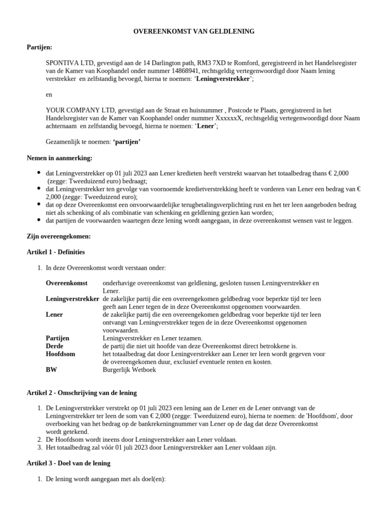 Overeenkomst Van Geldlening | PDF