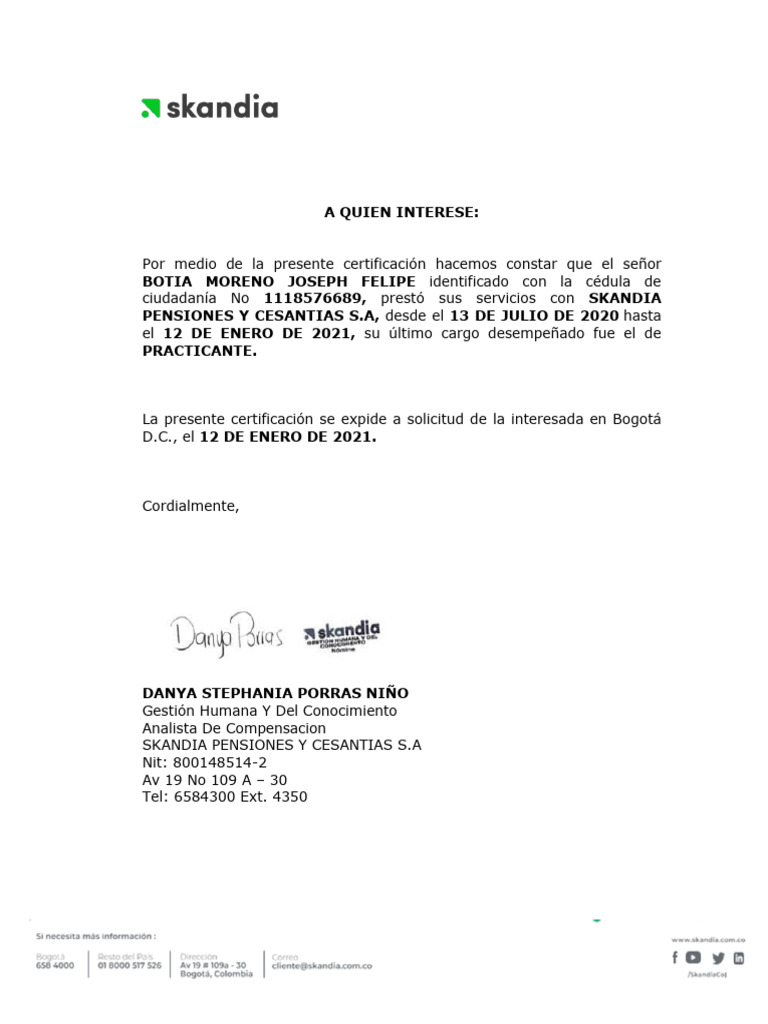 Certificacion Laboral 1 - Skandia | PDF