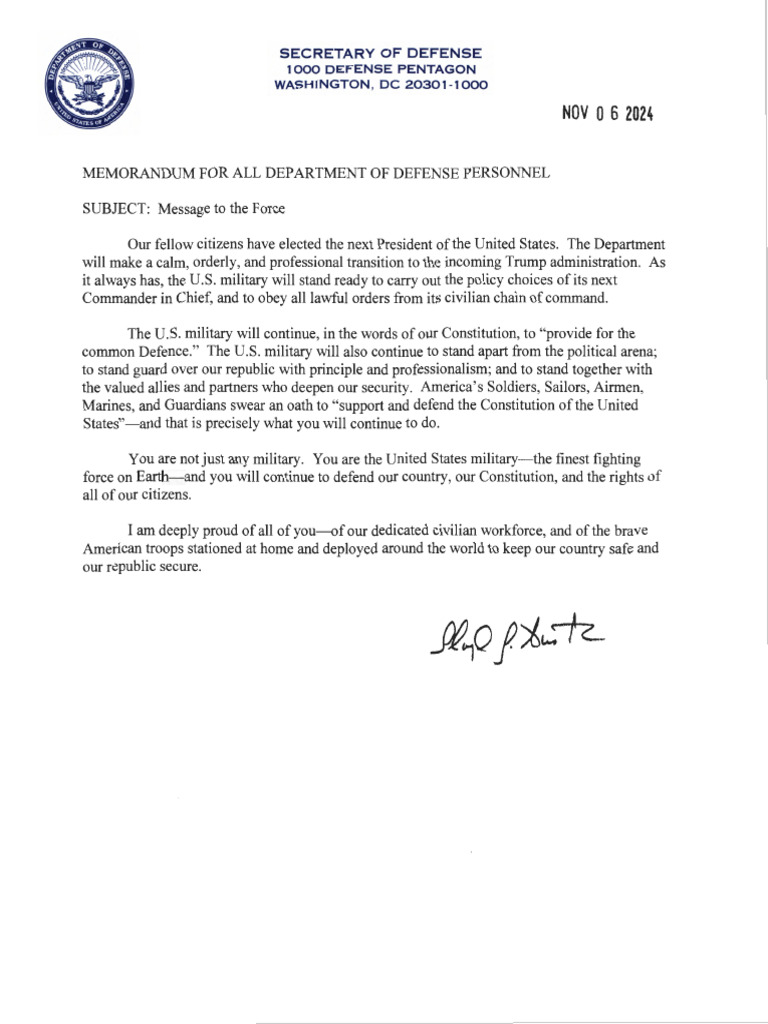 Secretary of Defense Austin Message To The Force 11062024 | PDF