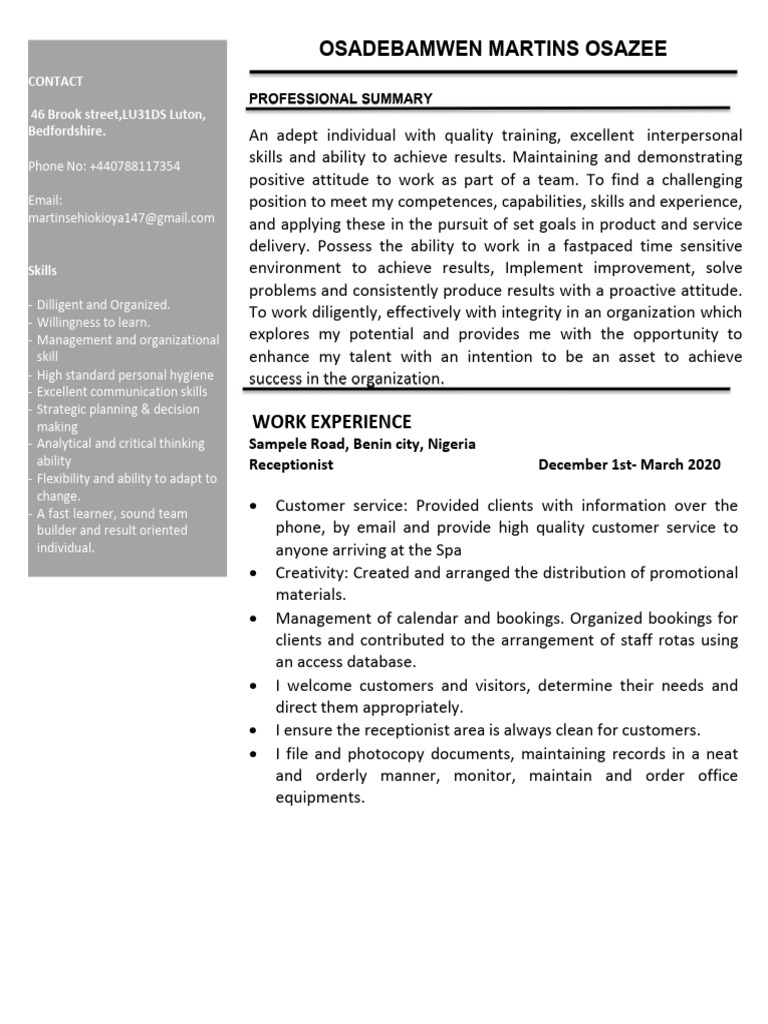 Osazee CV | PDF | Waiting Staff | Business