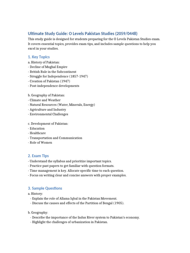 Ultimate Study Guide O Levels Pakistan Studies | PDF