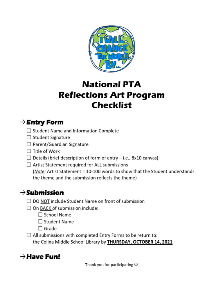 National PTA Reflections Art Program Checklist: Entry Form | PDF