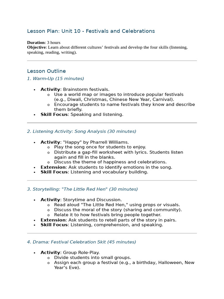 Lesson Plan Festivals | PDF | Storytelling | Lesson Plan