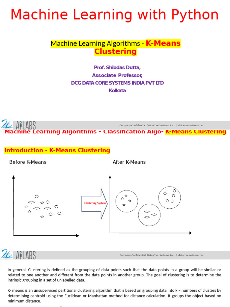 Machine Learning With Python - Machine Learning Algorithms - K-Means Clustering Algo | PDF ...