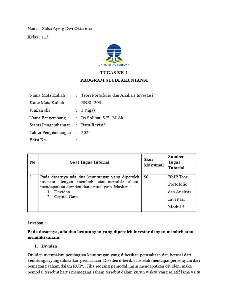 SOAL TUGAS Terori Portofolio (SALSA AJENG DWI OKTARIMA 054076639) | PDF