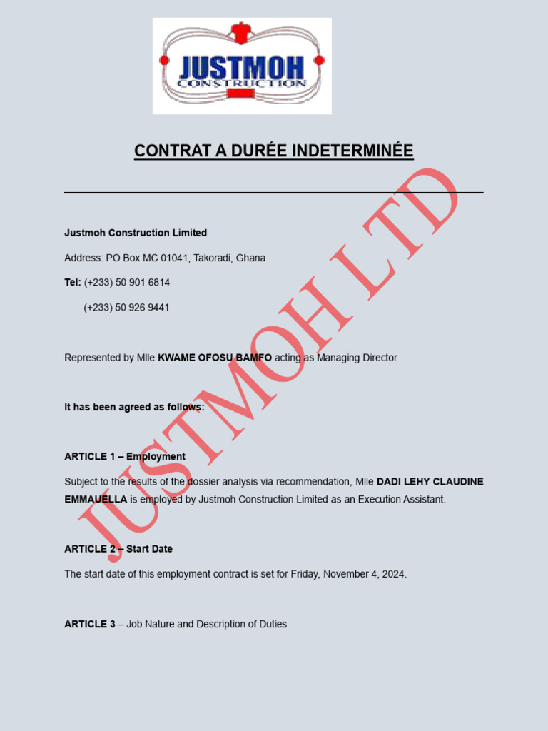 Contrat A Durée Indeterminée Justmoh - Eng | PDF | Employment | Overtime