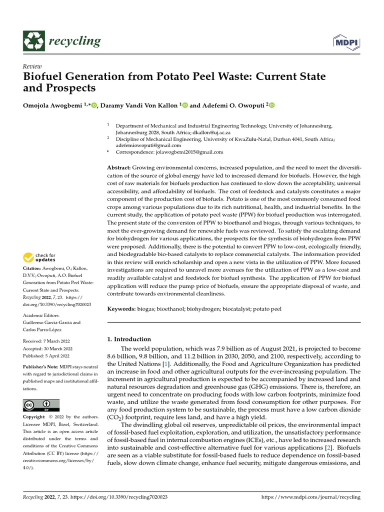 Recycling: Biofuel Generation From Potato Peel Waste: Current State and ...