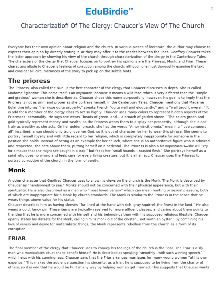 Characterization of The Clergy Chaucer's View of The Church | PDF | The ...