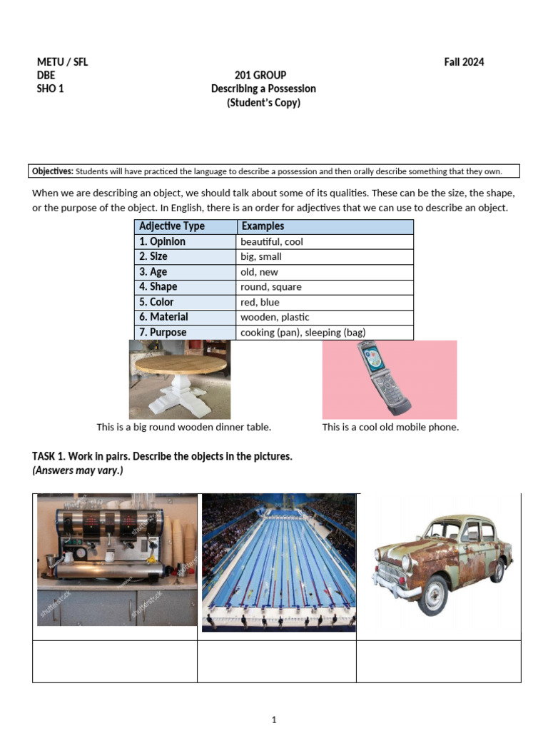 201 SHO 1 Describing Objects Student | PDF | Object (Grammar) | Adjective