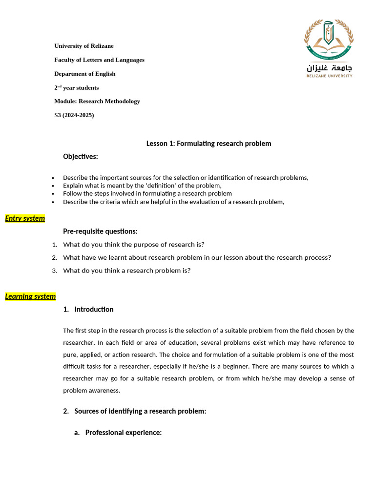 Formulating Research Problem | PDF | Experience | Learning
