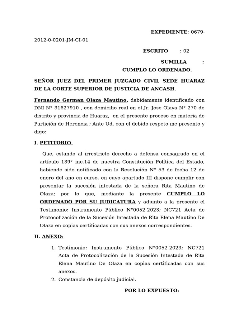Escrito 01 - Cumplo Lo Ordenado. (Exp.407-2018 | PDF