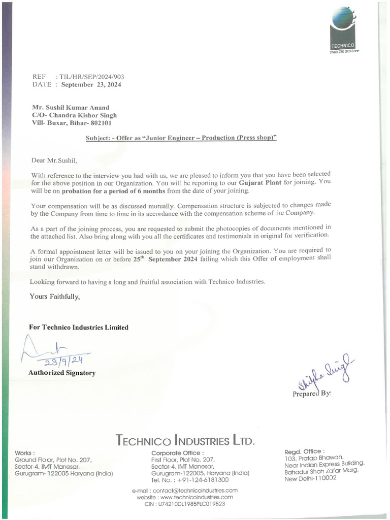 Offer Letter - Sushil - Jr. Engineer - Press Shop (Gujarat) | PDF