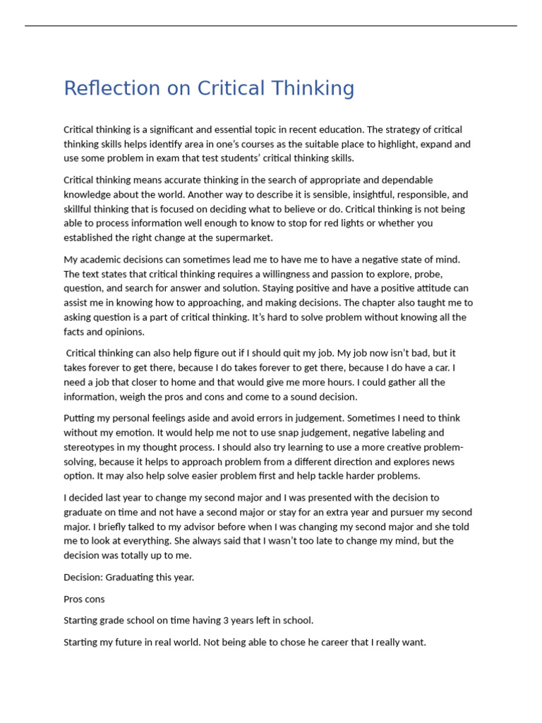 Reflection On Critical Thinking | PDF | Critical Thinking | Thought