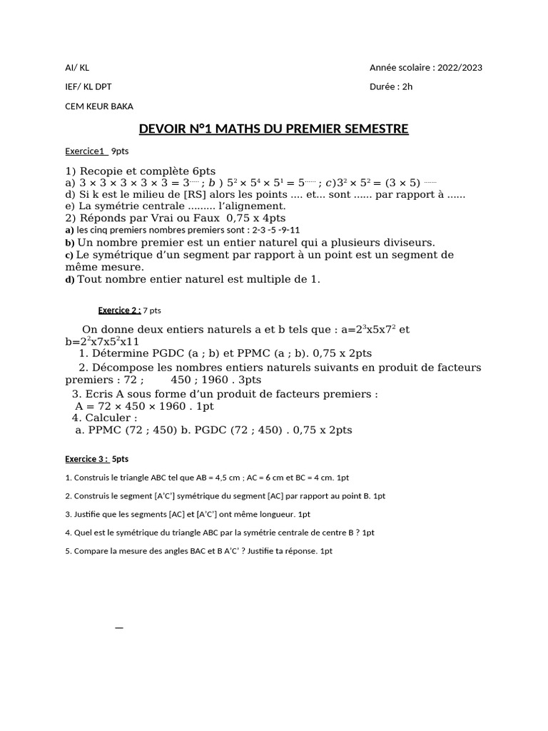 Devoir N°1 Mathematique 5eme 2024 | PDF