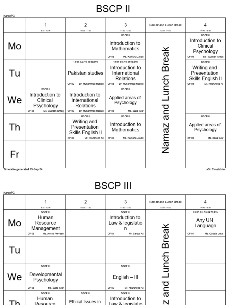 DCP Fall 2024 Time Table Semester Wise | PDF | Cognitive Behavioral Therapy | Psychology
