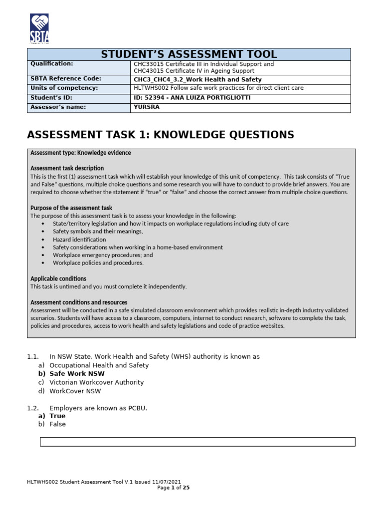 WHS Assessment for Aged Care Certification | PDF | Occupational Safety ...