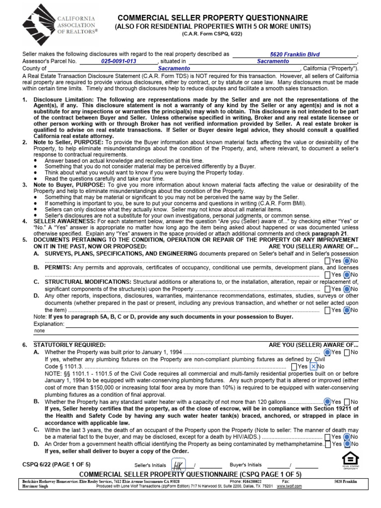 Commercial Seller Property Questionnaire - 622 | PDF | Lease