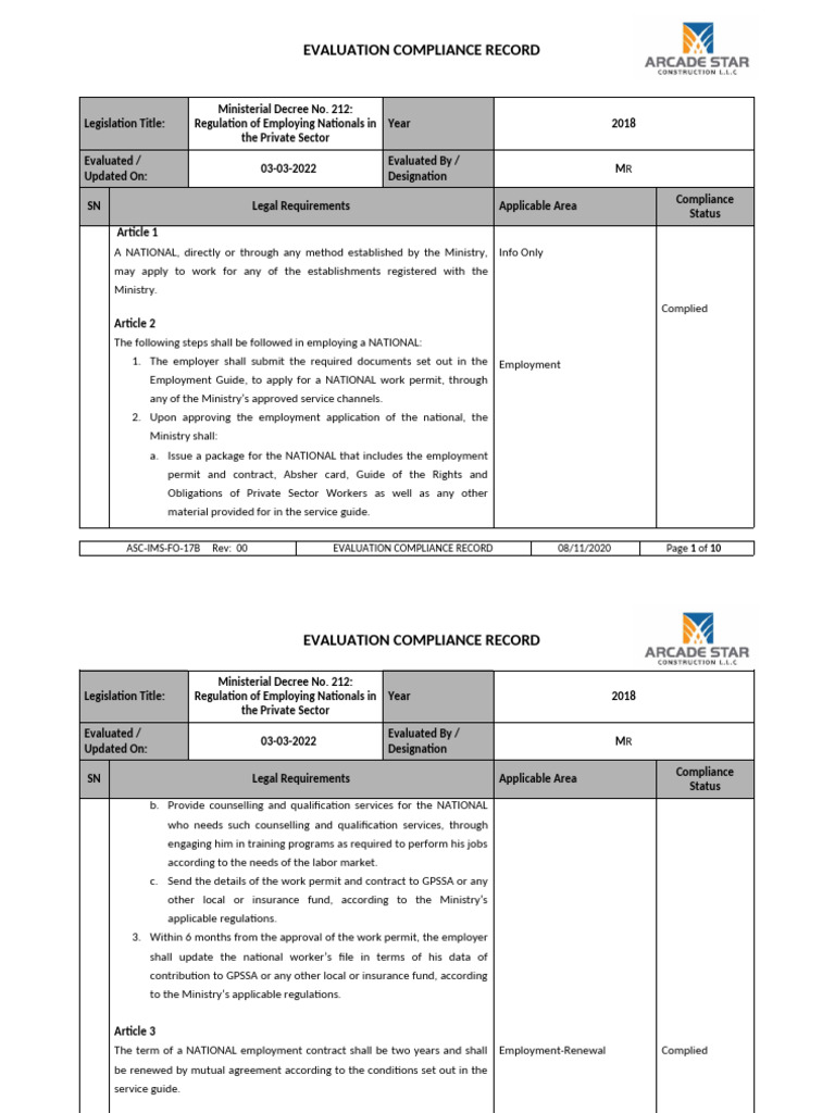 Compliance Record for National Employment | PDF | Regulatory Compliance ...