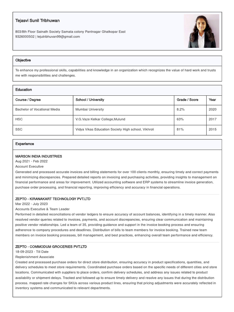 Tejasvi CV | PDF | Business