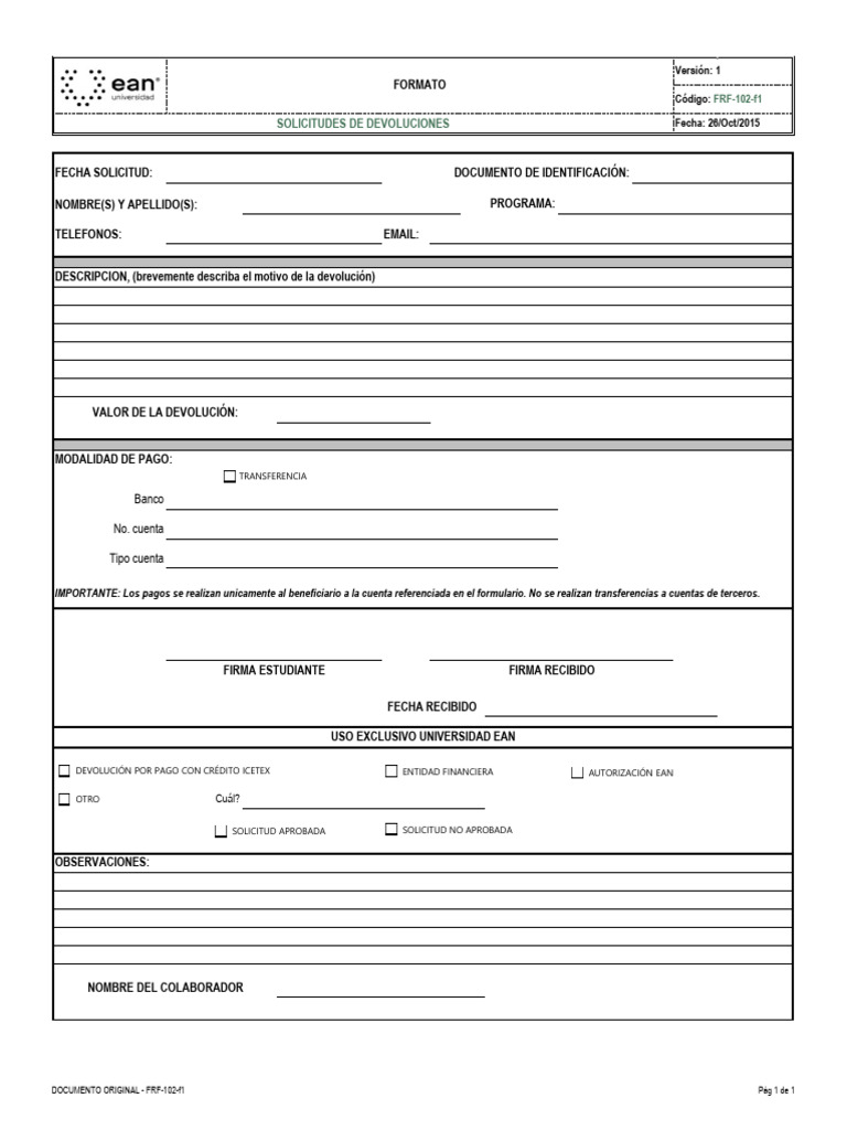 Formato Devolucion Ean 10 | PDF