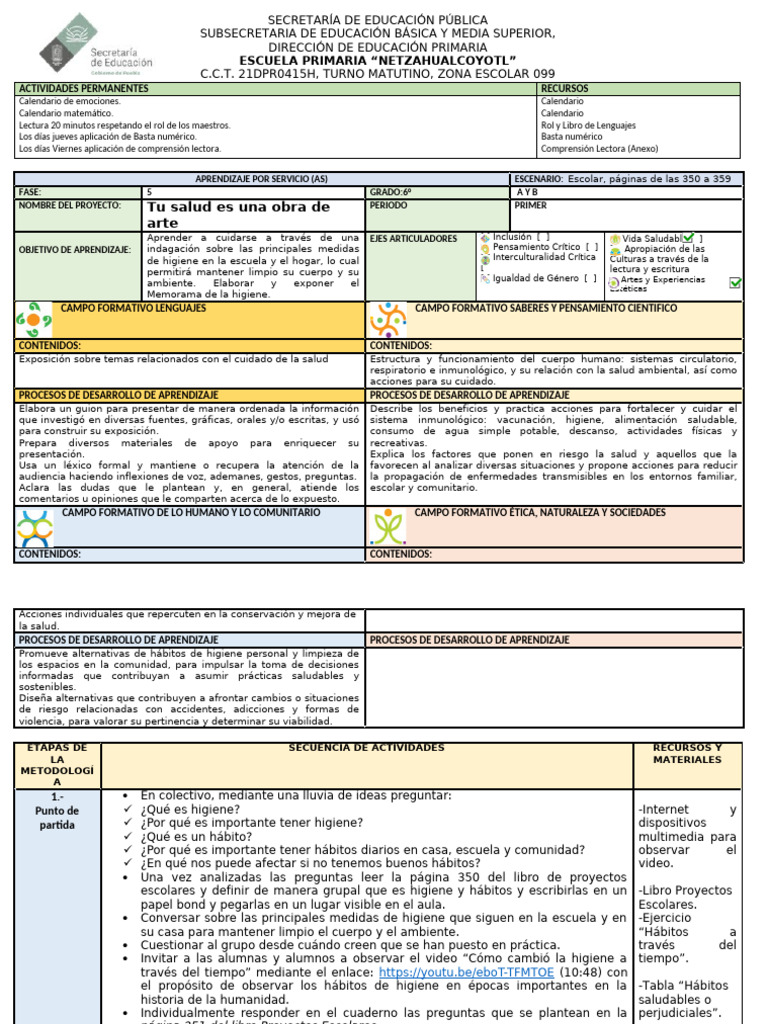 Proyecto 3 Tu Salud Es Una Obra de Arte | PDF | Aprendizaje | Educación primaria