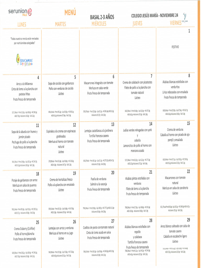 MENU BASAL 2 3 AÑOS COLEGIO JESUS MARIA NOVIEMBRE 24 - Rotated | PDF