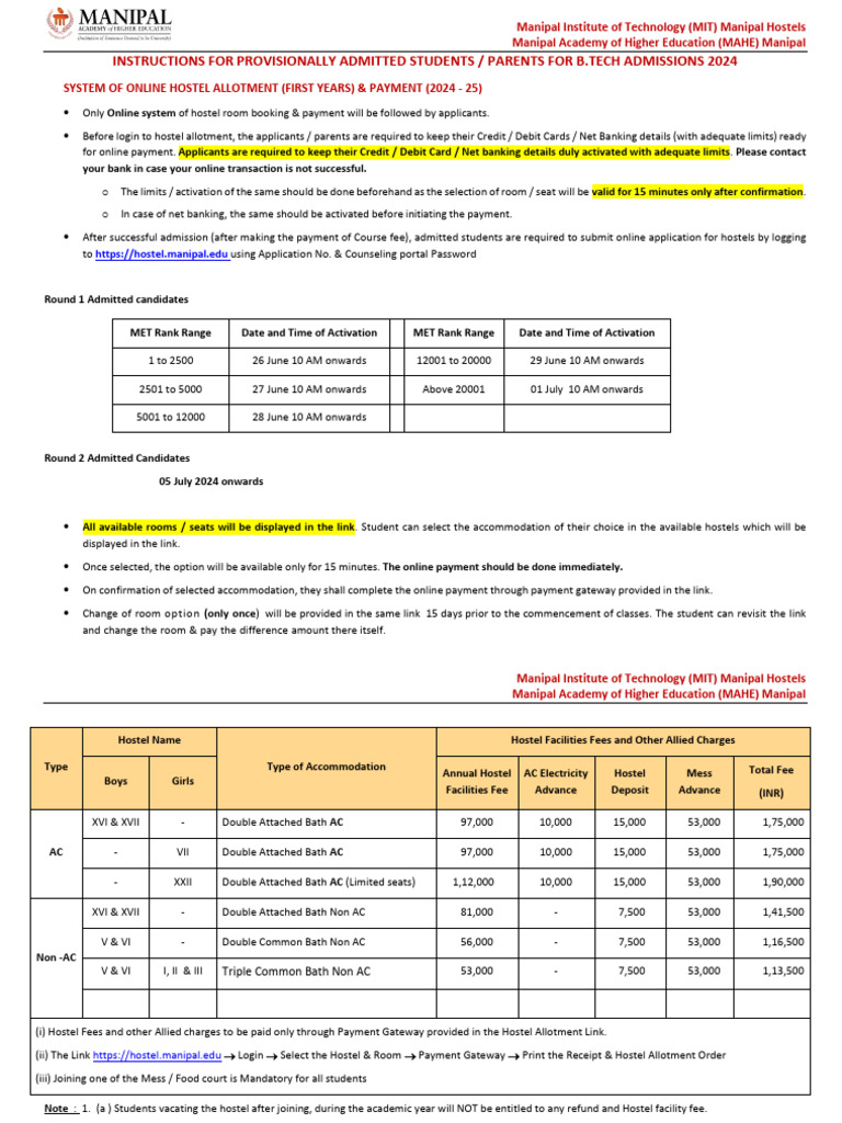 MIT Manipal Hostel 2024 V1 | PDF | Money | Payments
