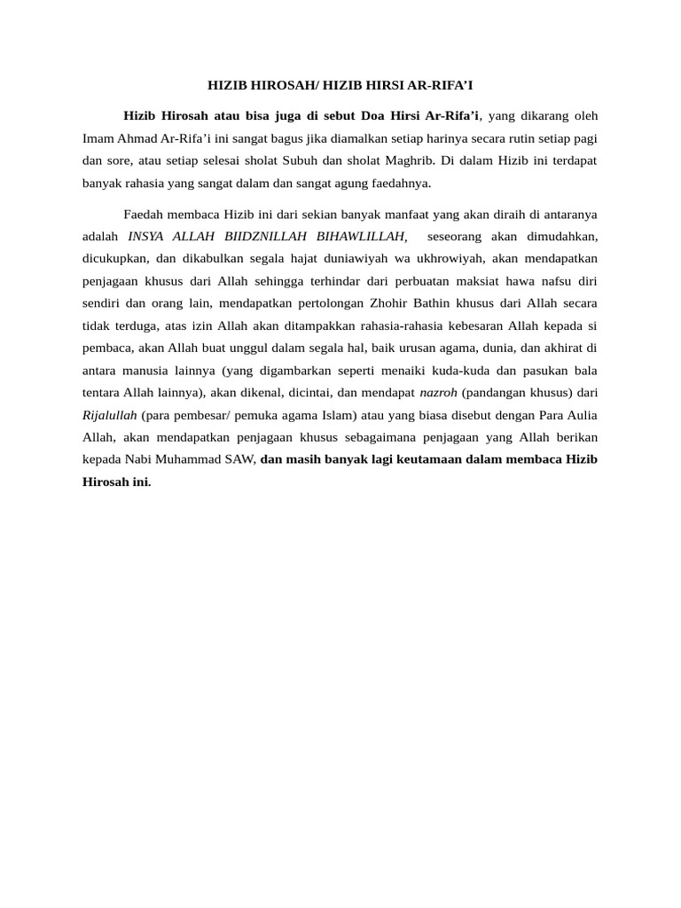 Manfaat Hizib Hirosah Imam Ahmad Ar-Rifa'i | PDF